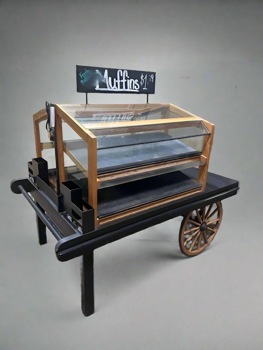 CUSTOM BUILT LIGHTED BAKERY WAGON WOODEN/GLASS HIGH END FINISHED DOUBL ...
