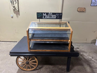CUSTOM BUILT LIGHTED BAKERY WAGON WOODEN/GLASS HIGH END FINISHED DOUBL ...