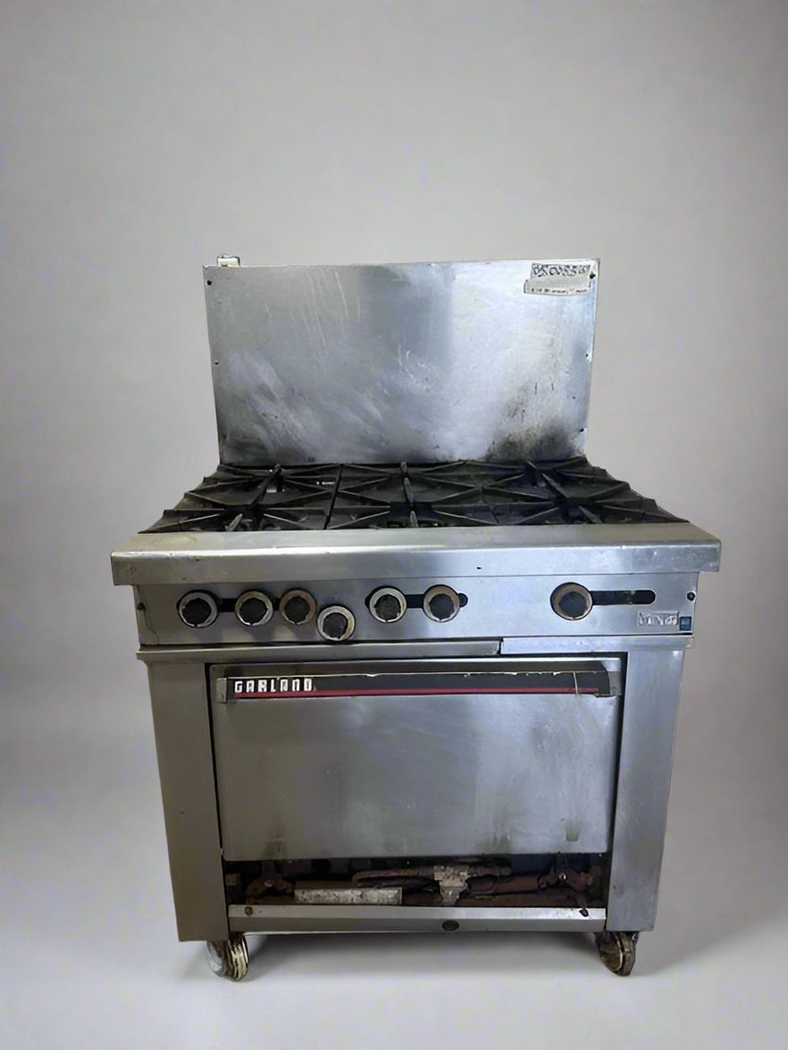 "GARLAND" 6 BURNERS STOVE RANGE WITH OVEN AND BACK SPLASH GUARDS(NATUR ...