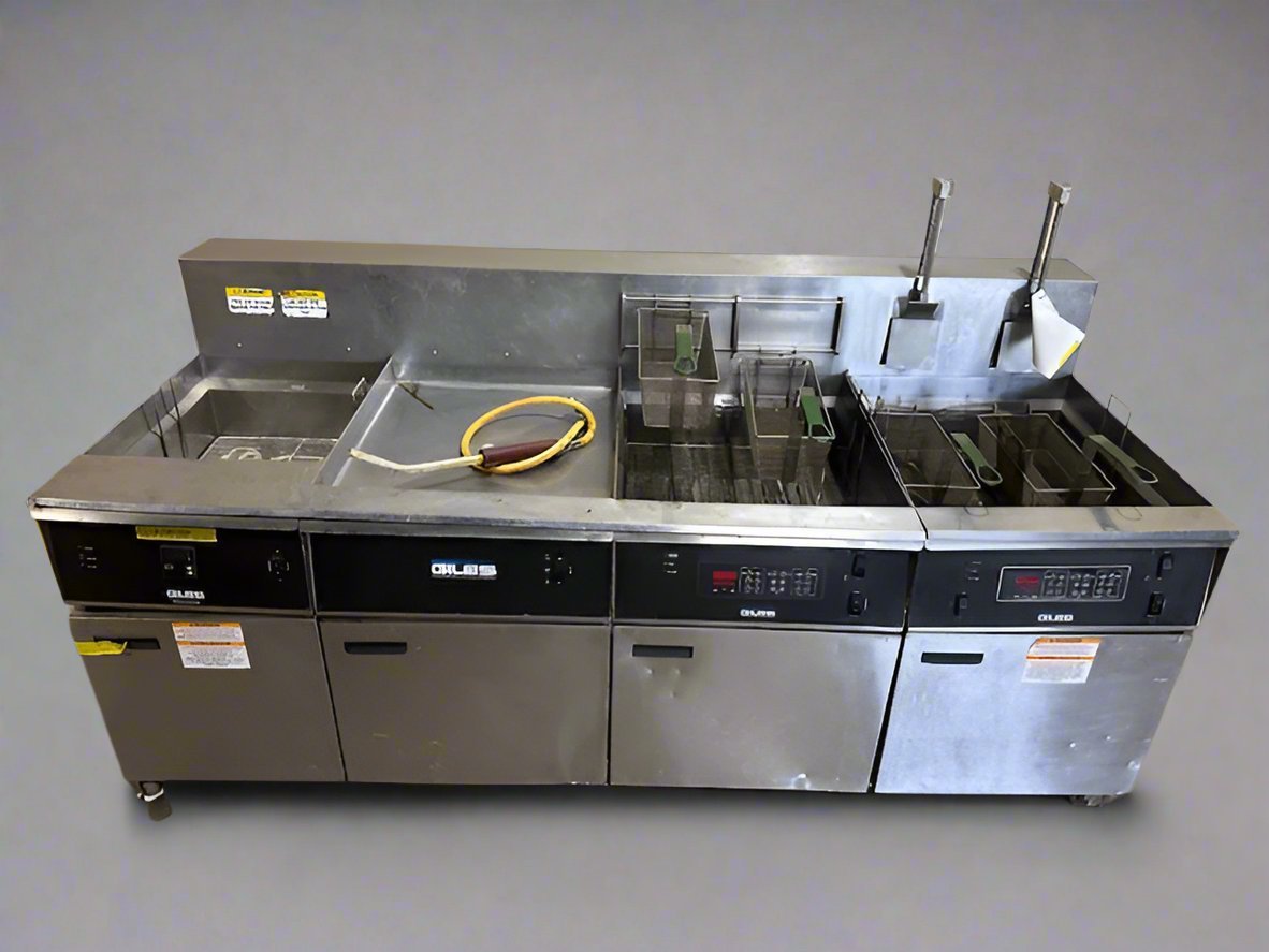 GILES 3 BANK ELECTRIC FRYERS/ DUMPSTER AND PASTA COOKER WITH AUTO LIFT ...