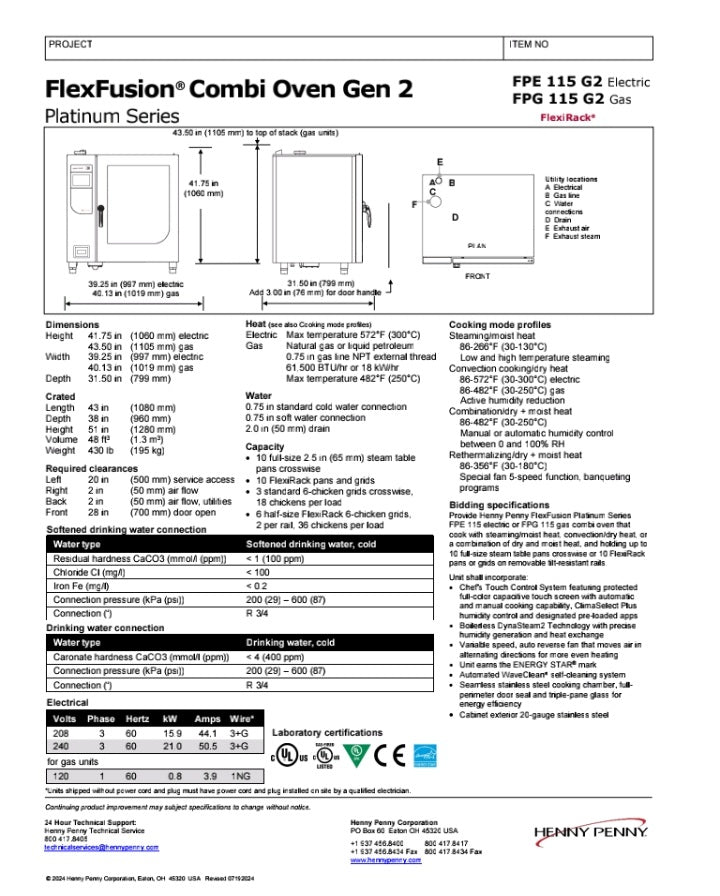 "HENNY PENNY FLEX FUSION PLATINUM FPE115.560.01"ELECTRIC COMBI STEAMER ...