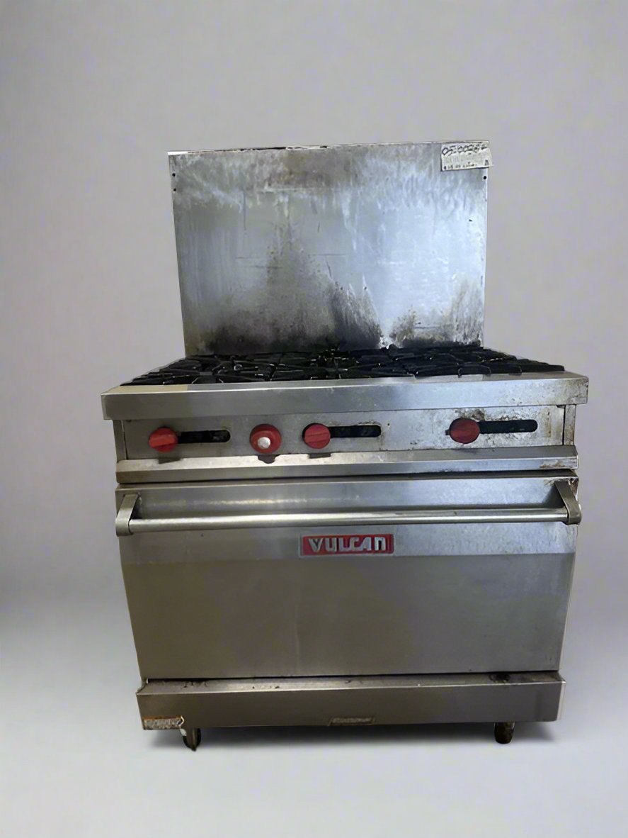 VULCAN NATURAL GAS 6 BURNERS BUILT IN STOVE WITH OVEN ON LEGS WITH 2 B ...